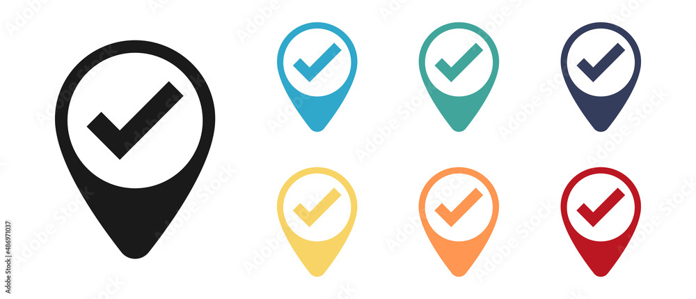 Tick, check, mark, concept vector icon set, label on the map. Set of ...