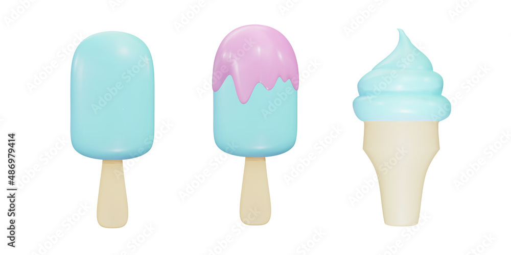 Ice cream, ice cream with icing and in a cone. 3d set of realistic ...