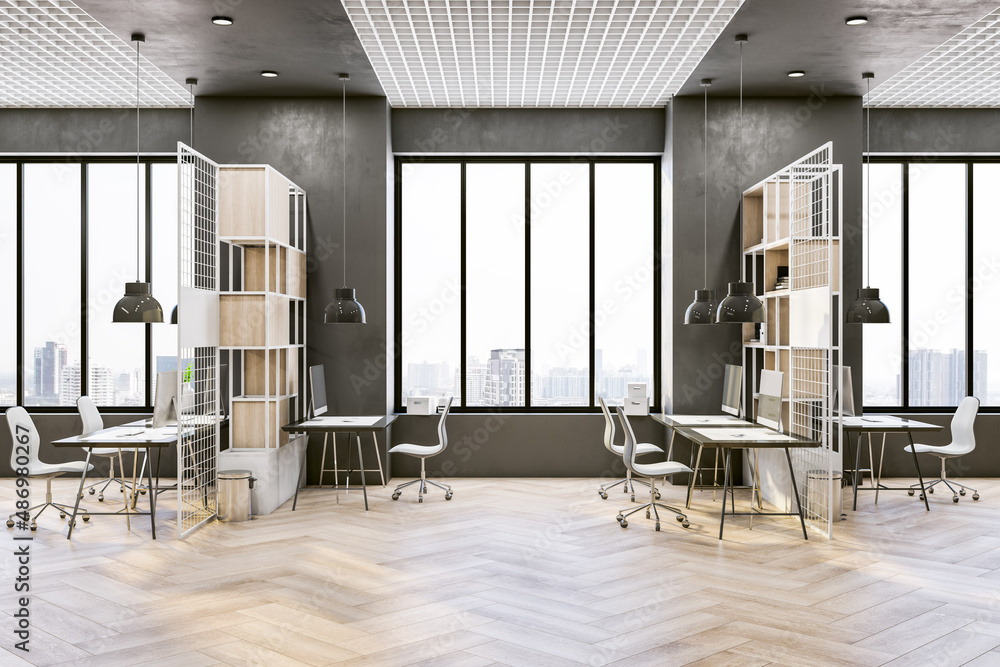 Front view on city view from big window in sunny spacious eco interior ...