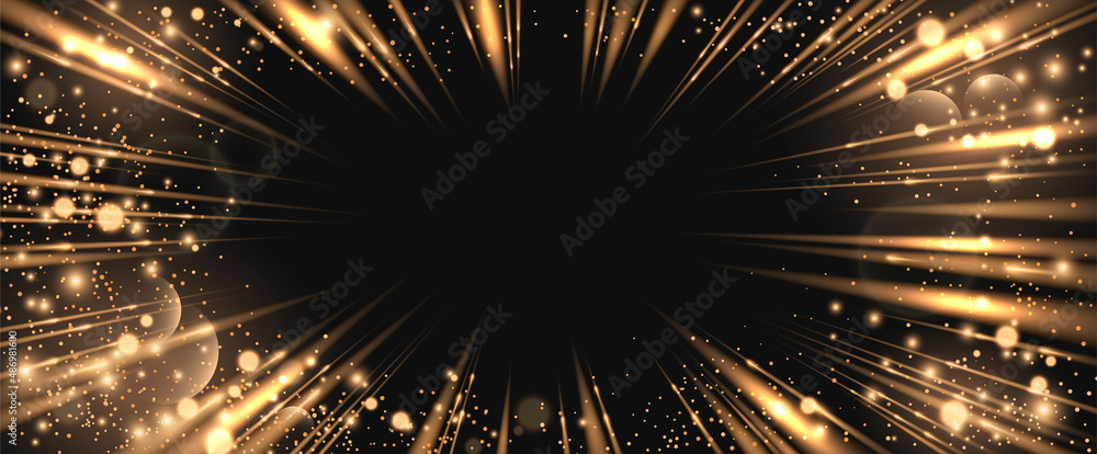 Magic radial background with golden sparkling rays. Acceleration, speed ...