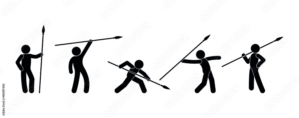 man throwing a spear, icon set, stick figure people pictogram, isolated ...