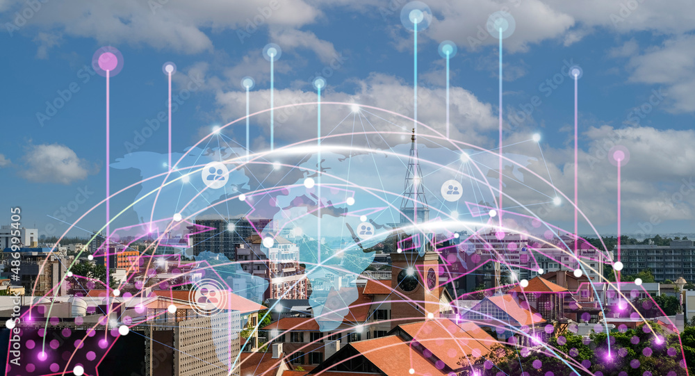 Double exposure of Modern metropolis with buildings and skyscrapers, as ...