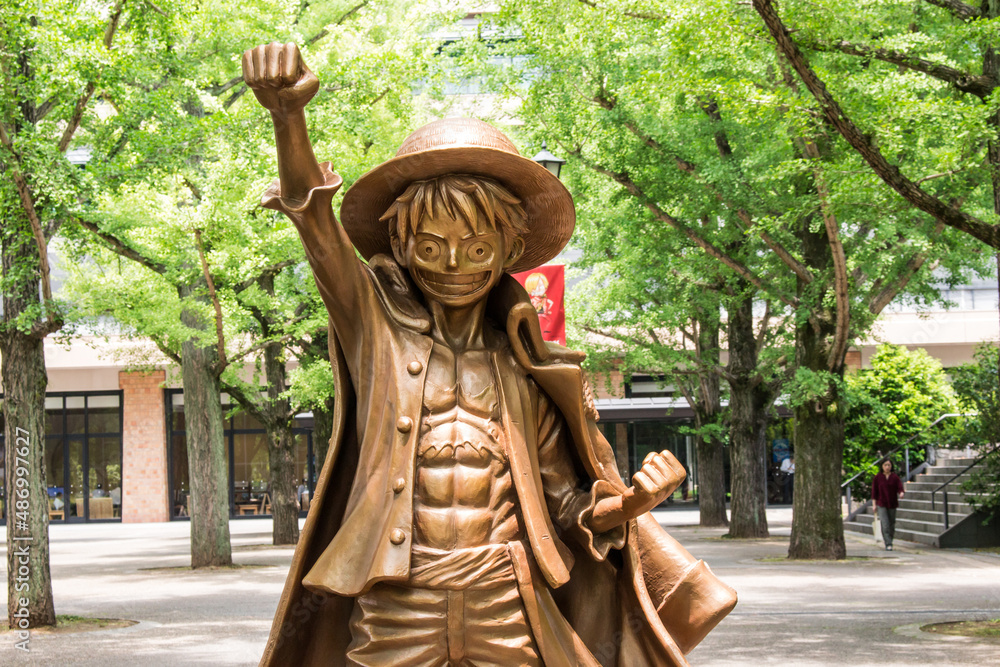 Kumamoto, Japan - May 13, 2019: Close up of "Monkey D. Luffy" statue ...