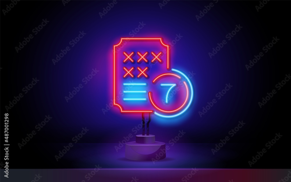 Happy Gaming Lottery Ticket. Lottery Neon Logo Vector. Lotto neon sign ...