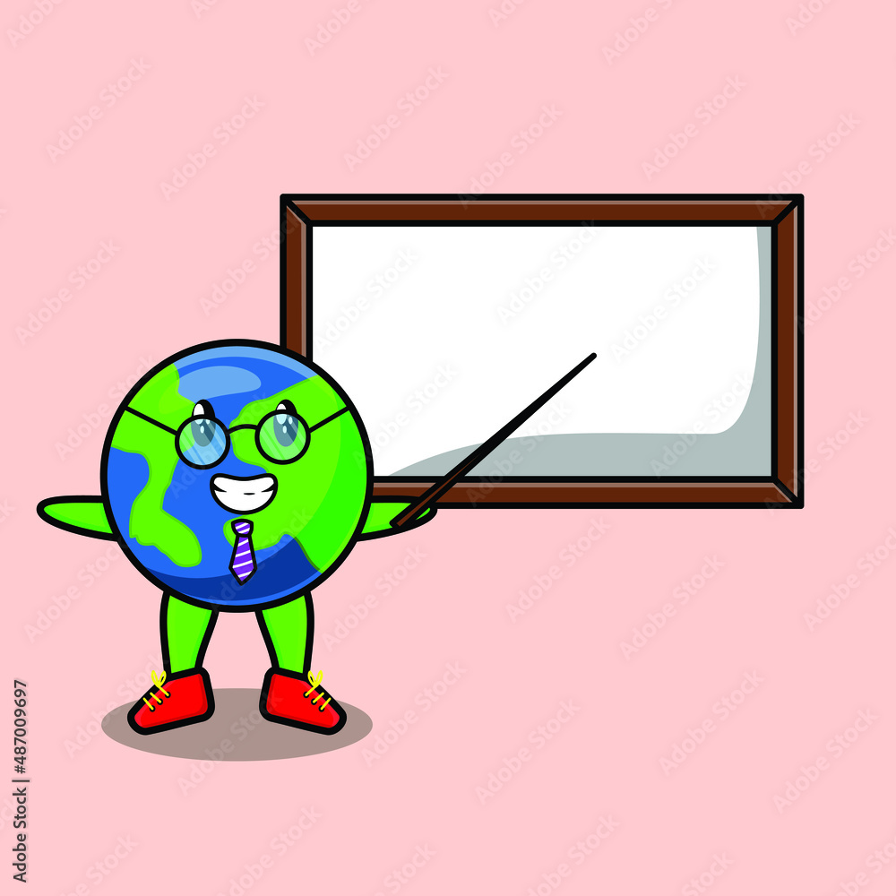 Cute cartoon earth teacher character teaching with whiteboard in 3d ...