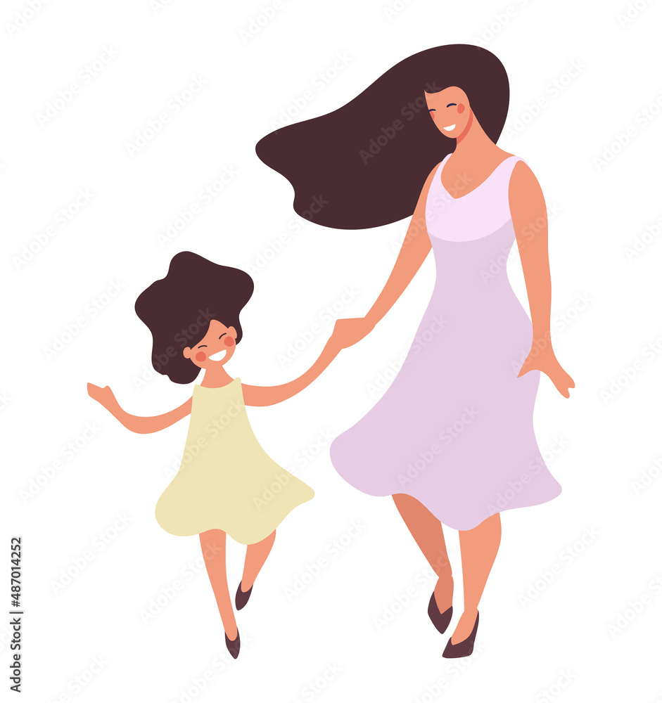 Young beautiful mother walks with her little daughter. A woman and a ...