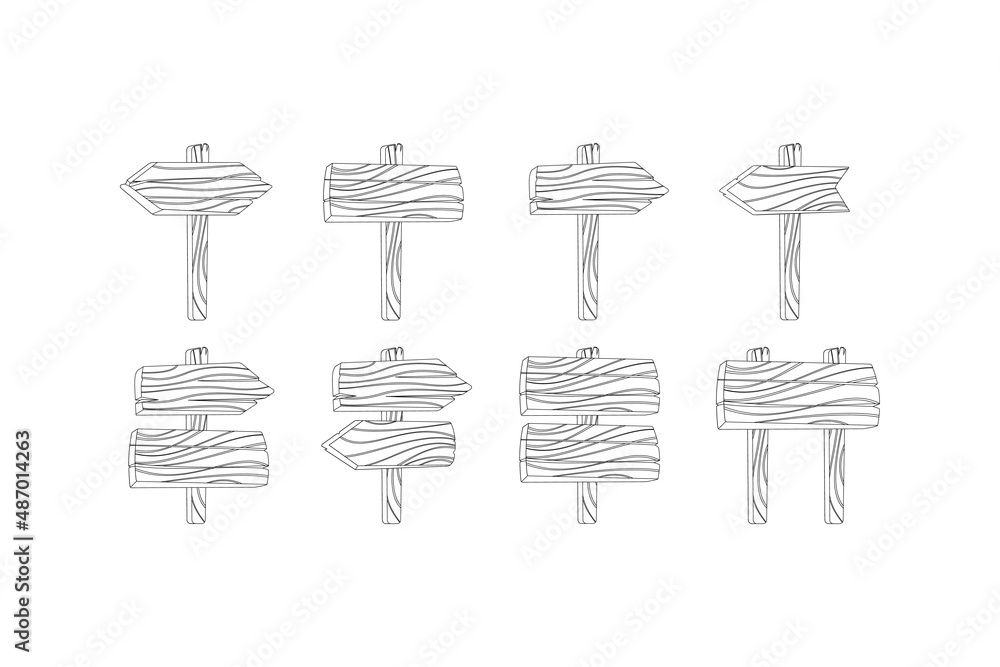 Wooden black line empty billboard set vector. Continuous line drawing ...