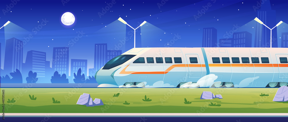 Modern train on night cityscape background, suburban electric railroad ...