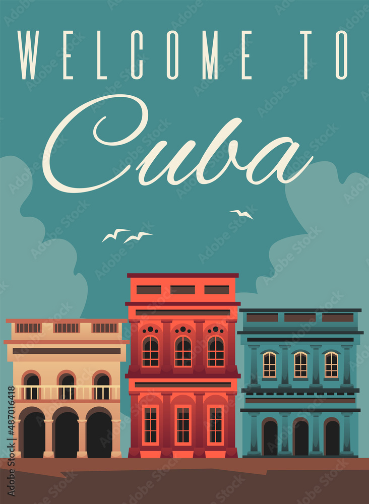 Vetor de Welcome to Cuba poster mockup with Cuban landmarks, flat ...