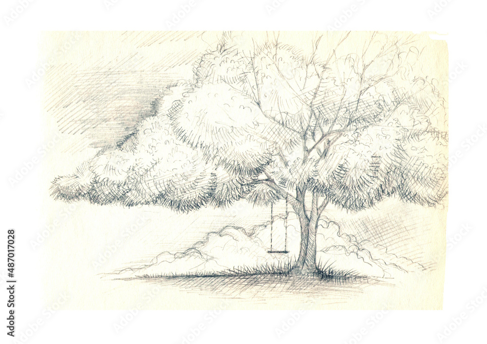 graphic pencil drawing of a tree with a swing Stock Illustration ...