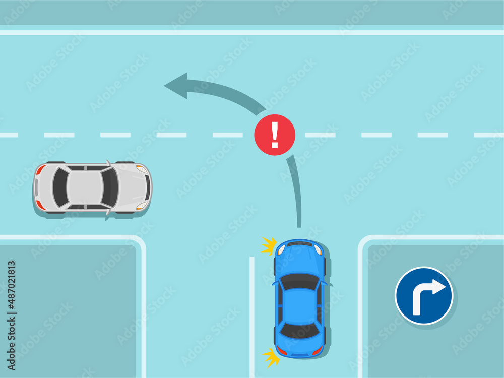 Traffic regulating rules and tips. Safety car driving. Blue sedan car ...