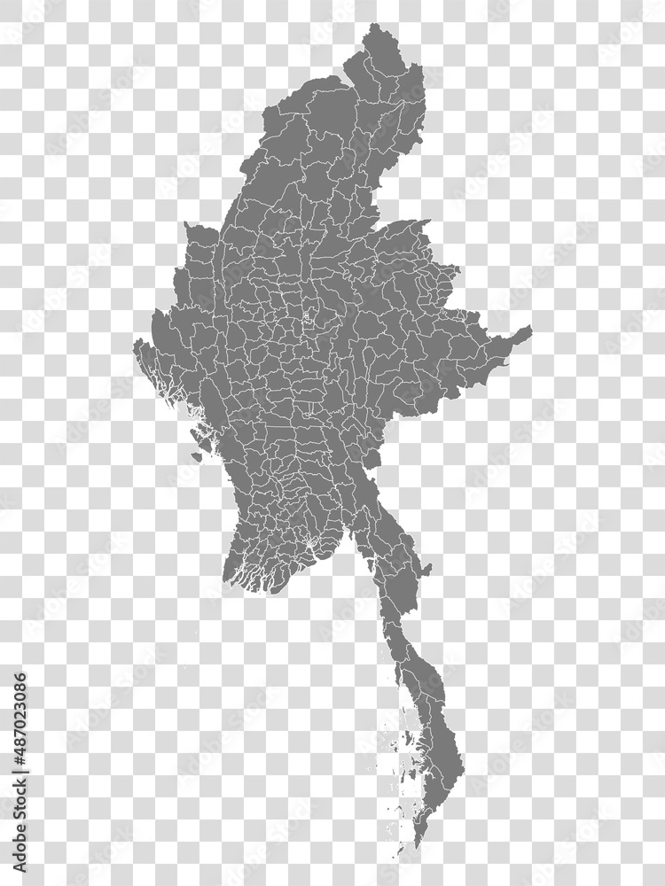 Blank map of Myanmar. Myanmar townships Map. High detailed gray vector ...