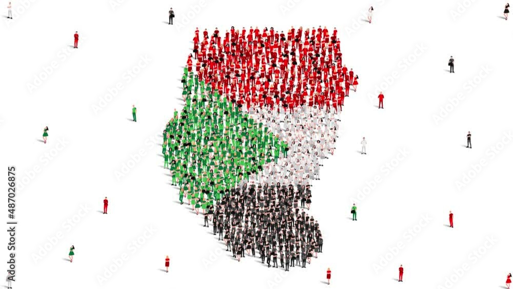 Sudan Map and Flag. A large group of people in the Sudan flag color ...
