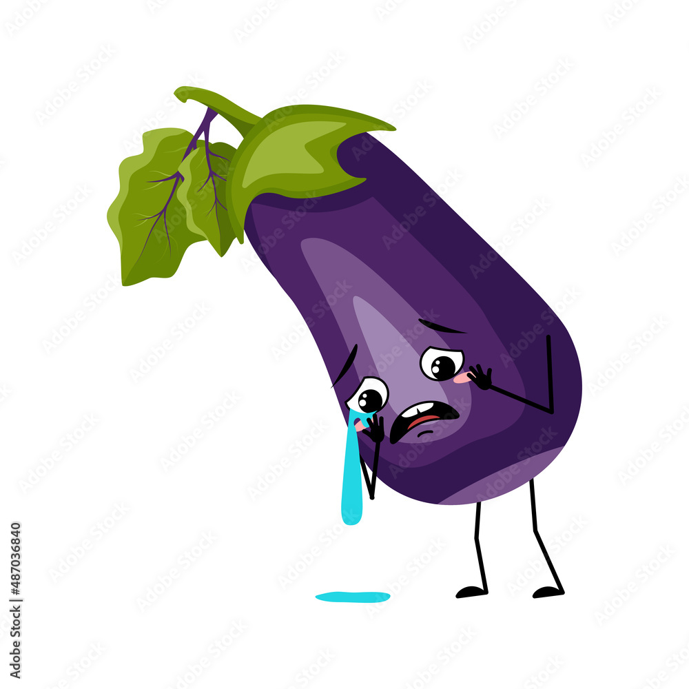 Eggplant character with crying and tears emotion, sad face, depressive ...
