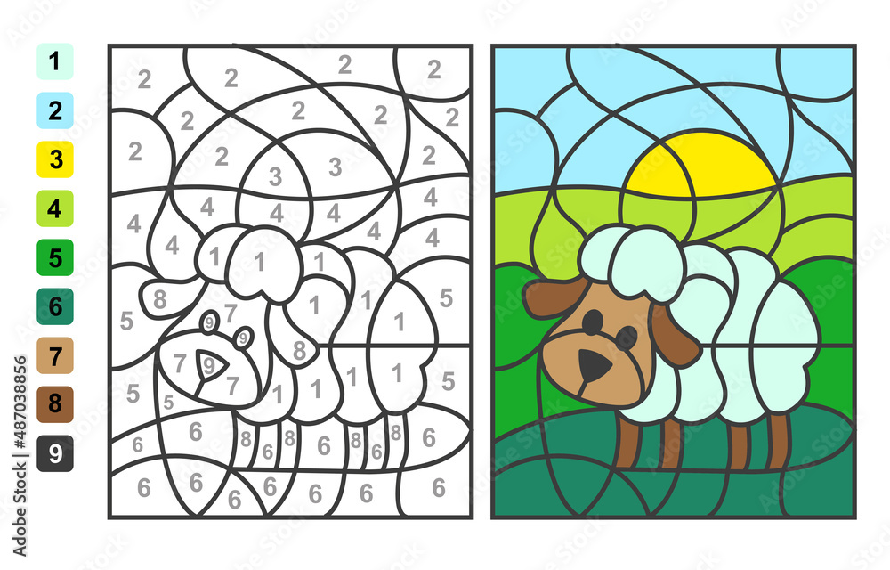 Color by numbers sheep in the meadow. Puzzle game for children ...