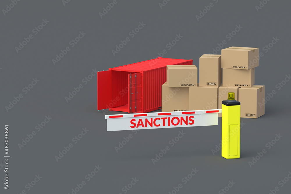 Shipping container, boxes and barrier with word sanctions. Delivery ban ...
