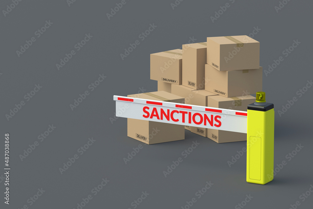 Prohibited shipping. Cardboard boxes and barrier with word sanctions ...