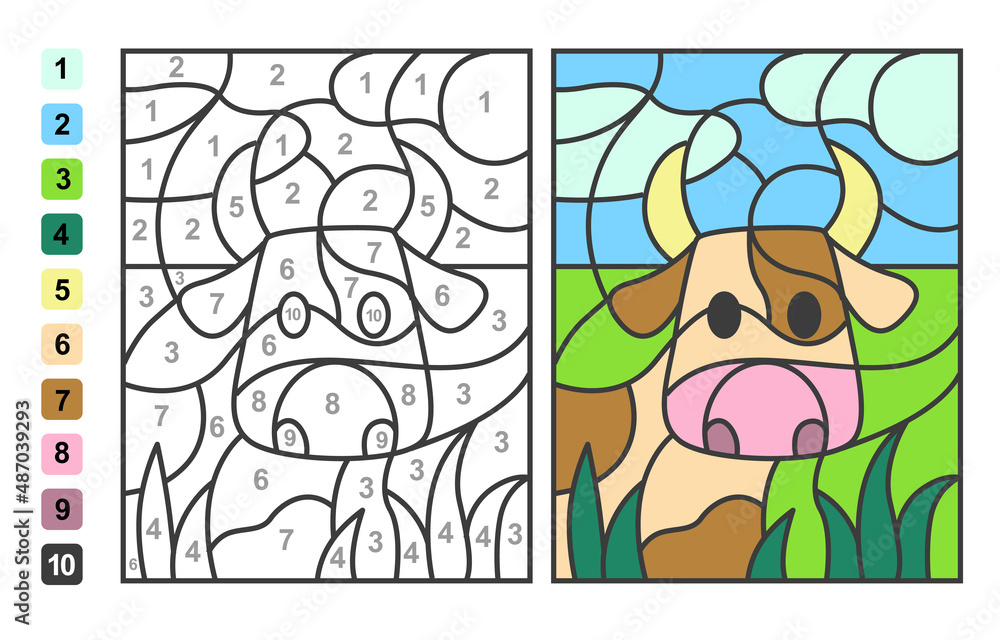 Color by numbers cow in the meadow. Puzzle game for children education ...