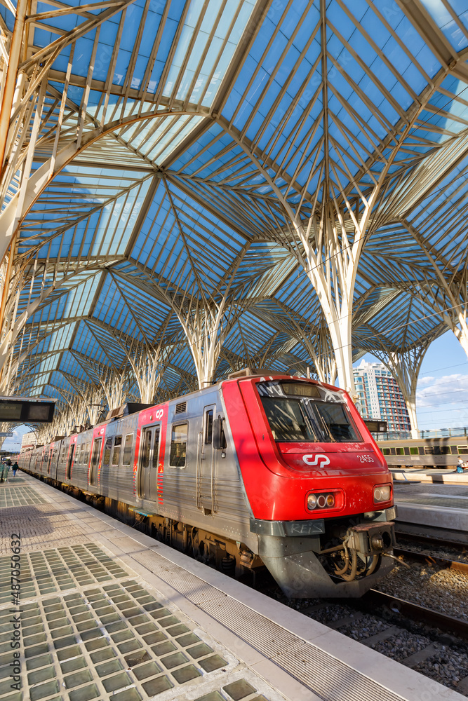 Train at Lisbon Lisboa Oriente railway station in Portugal modern ...