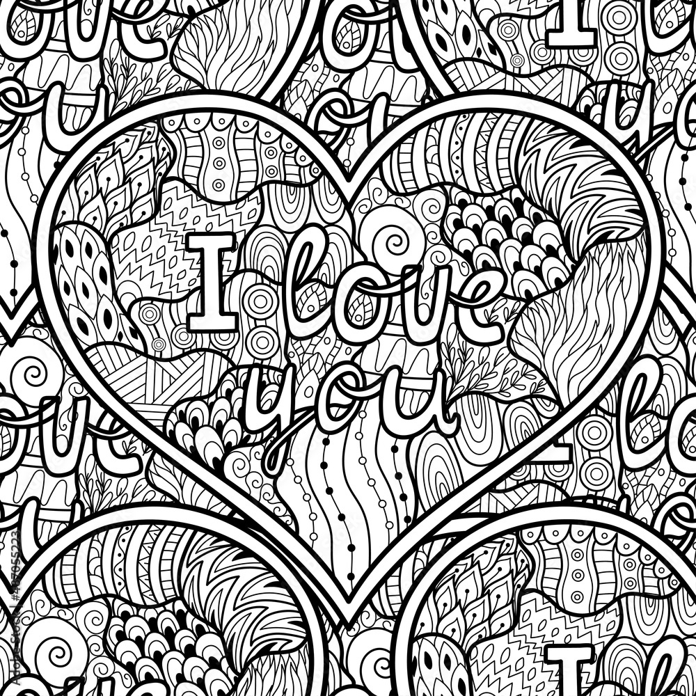 I Love You black and white seamless pattern for coloring book. Heart ...
