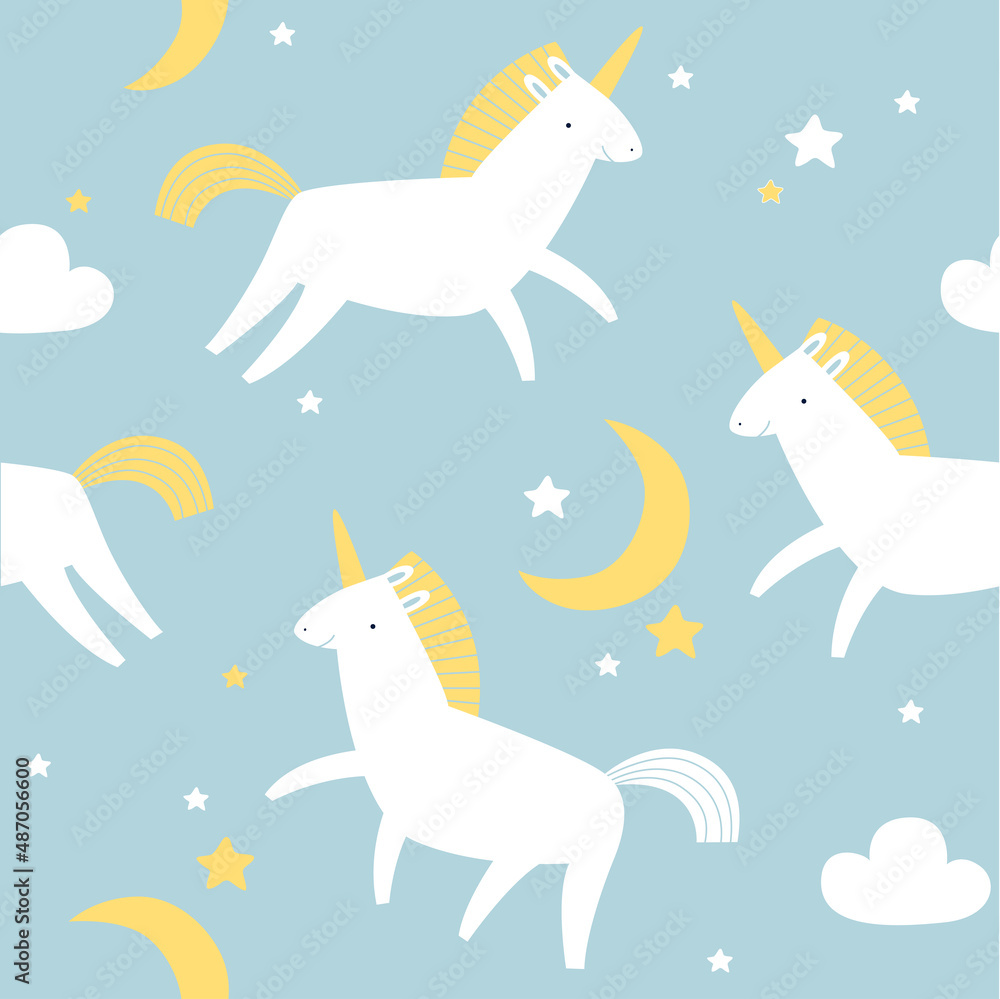 Print. Seamless background with cartoon unicorns. Unicorns in the sky ...