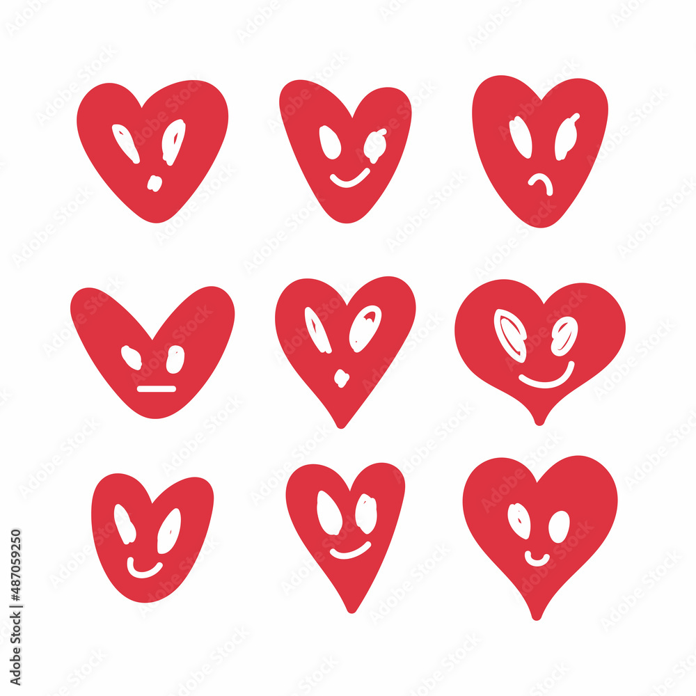 hand drawn love heart symbol with smile emoticon set Stock Vector ...