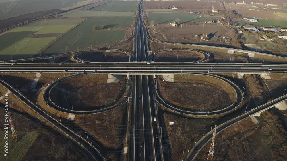 Highway roads infrastructure in Romania. 4k Aerial view video of a big ...