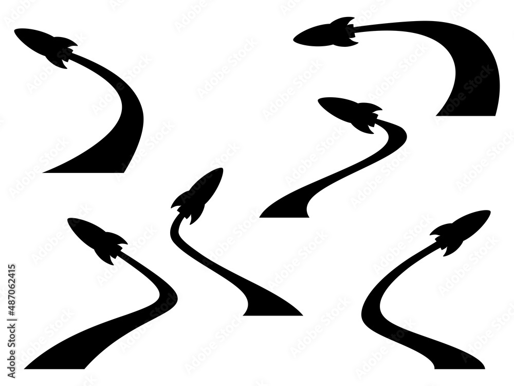 Rocket launch black silhouette on a white background. Spaceships launch ...