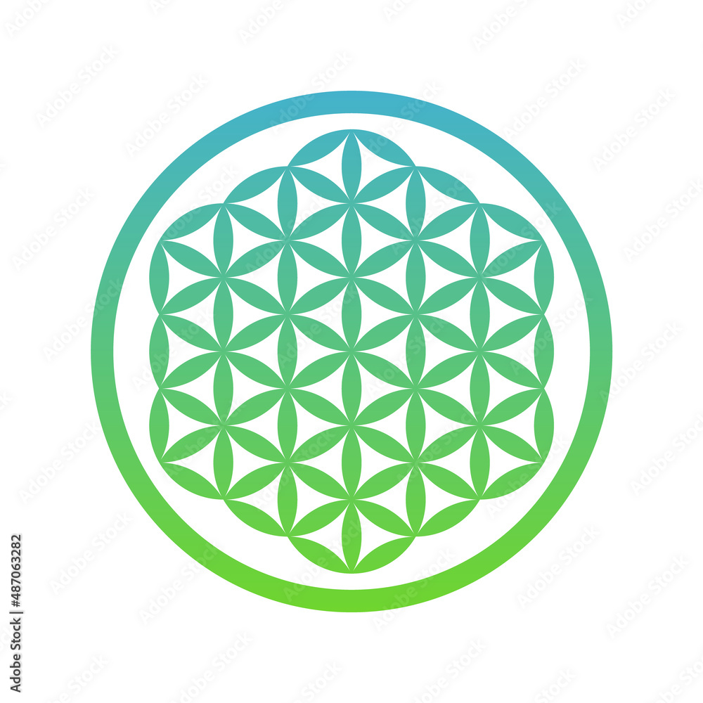 Flower of life symbol. Green blue geometric shape. Overlapping circles ...