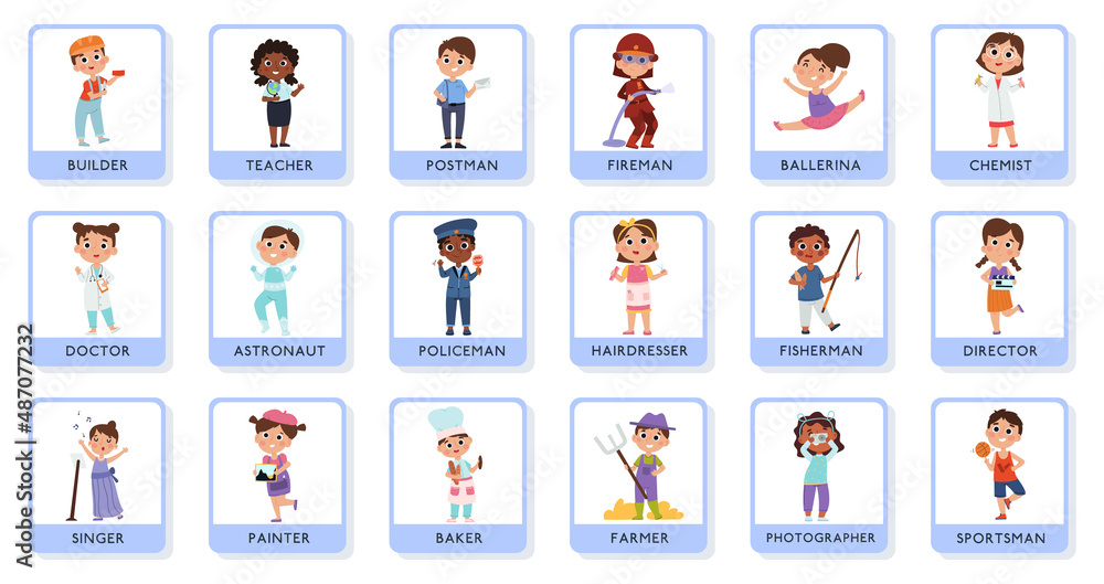 Children professional characters, young teacher, doctor and astronaut ...