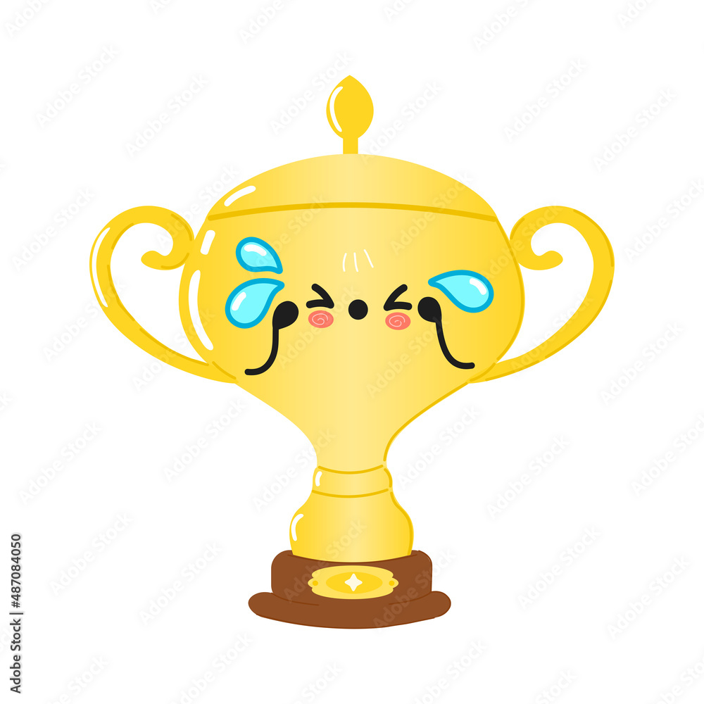 Cute sad golden trophy cup character. Vector hand drawn cartoon kawaii ...