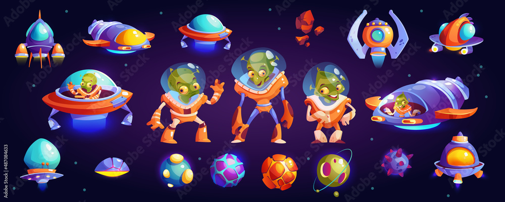 Aliens wearing spacesuits, spaceship in outer space, set of cartoon ...