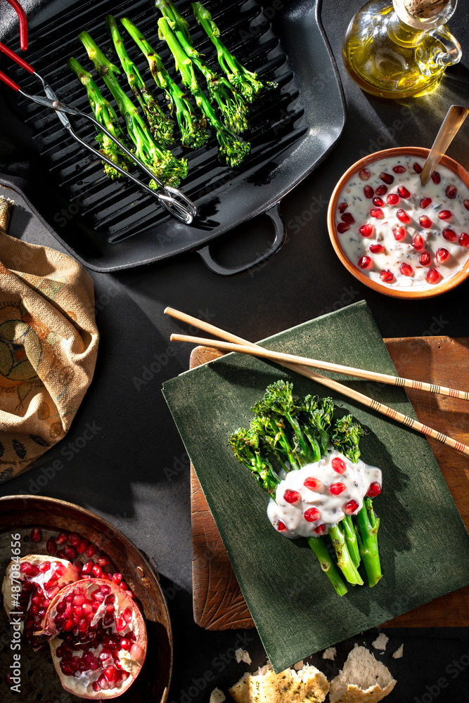 Char-grilled long-stem broccoli, Broccolini, Bimi seared in griddle pan ...