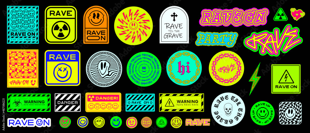 Cool Rave On Stickers Vector Set. Trendy Acid Smile Patches. Stock ...