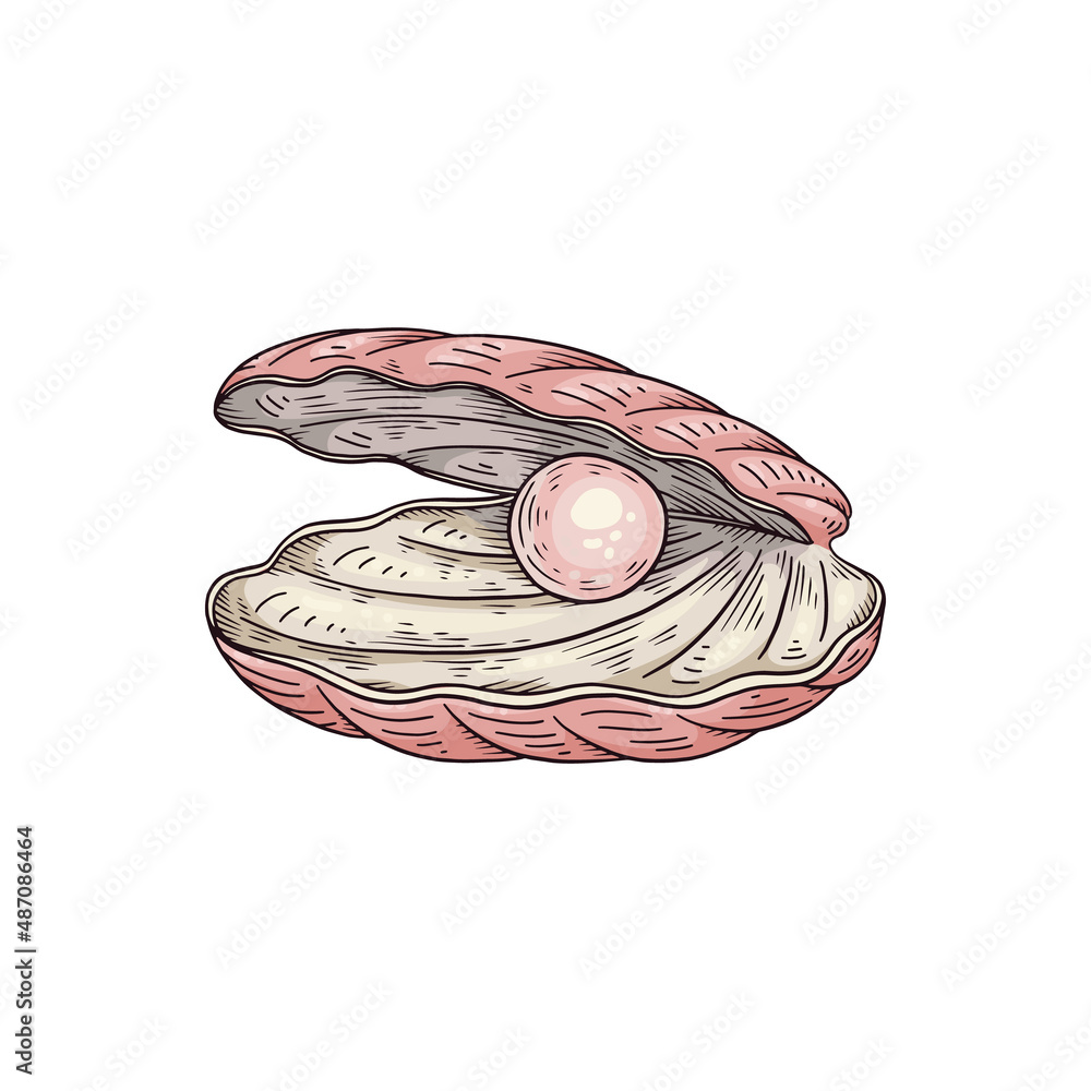 Pink pearl in open shell, hand drawn sketch style vector illustration ...