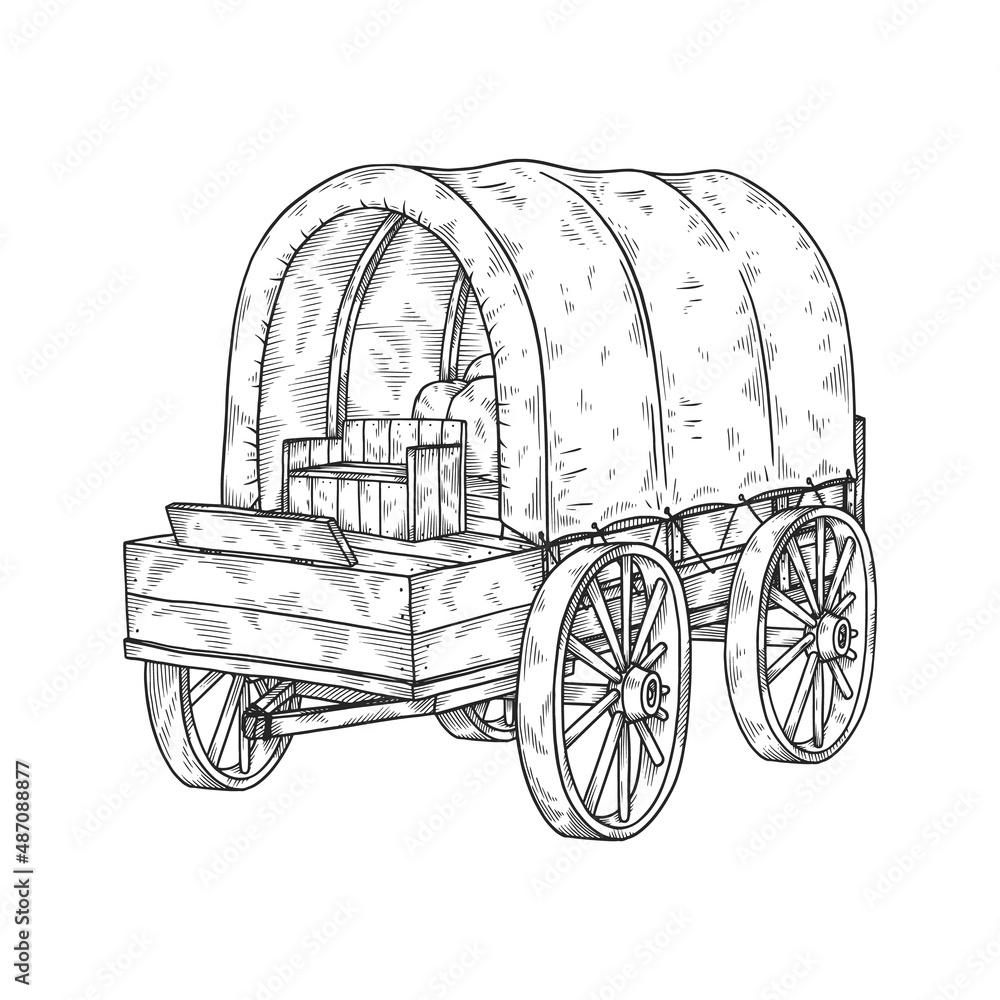 Old western cart with monochrome engraving, sketch vector illustration ...