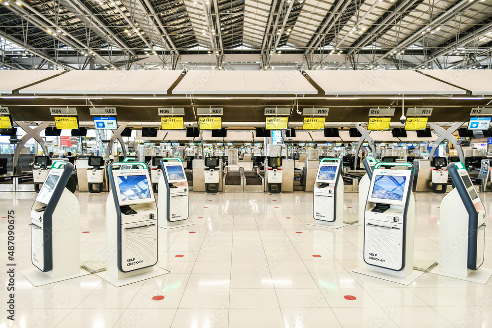 Bangkok, Thailand - Feb 9, 2022 : Automatic self check-in system kiosk ...