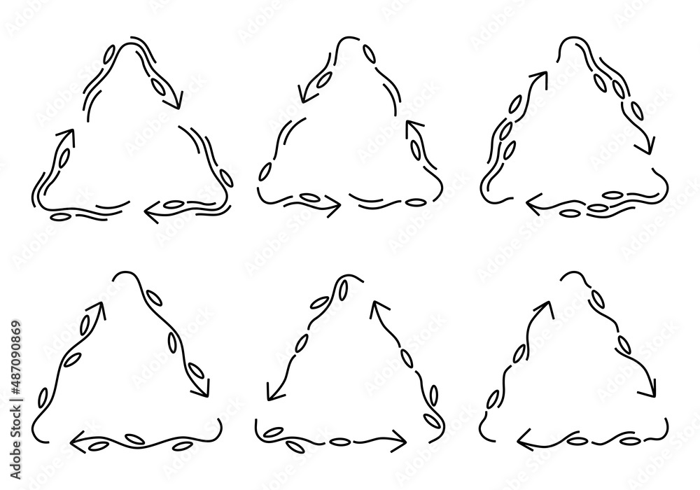 Recycle triangle thin line floral icons with vines and leaves isolated ...