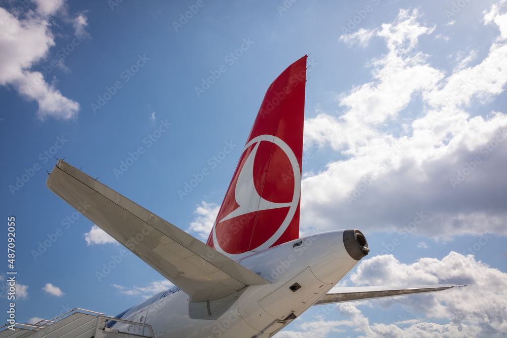 Turkish Airlines or THY or TK logo on the tail of a plane Stock Photo ...