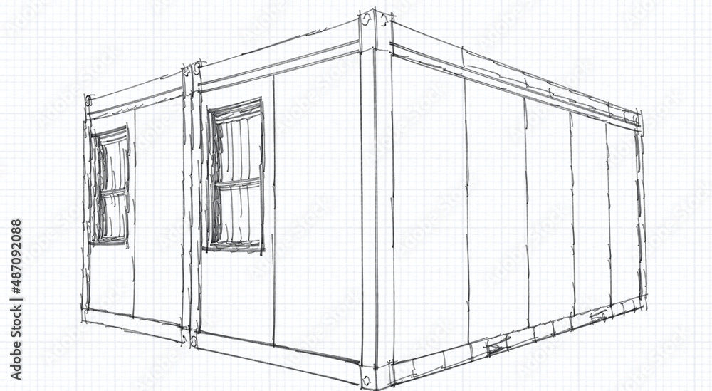 3d illustration of a container building house in hand sketch style. Eye ...