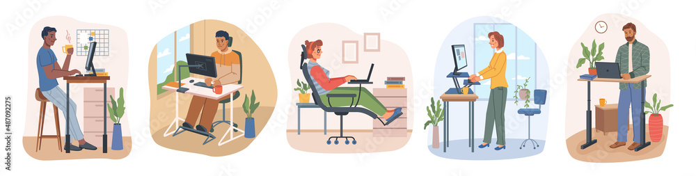 Comfortable office, home workspace with adjustable tables and desks ...