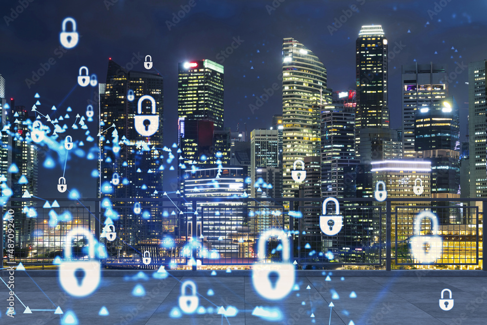 Rooftop with concrete terrace, Singapore night skyline. Cyber security ...