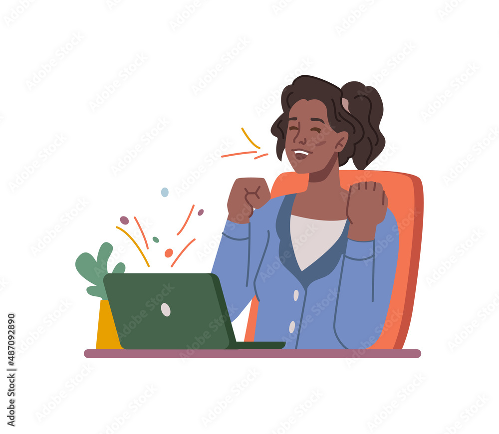 Female personage celebrating victory sitting by computer, woman ...