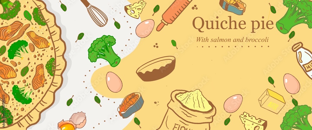 French quiche with broccoli and salmon, ingredients and utensils ...