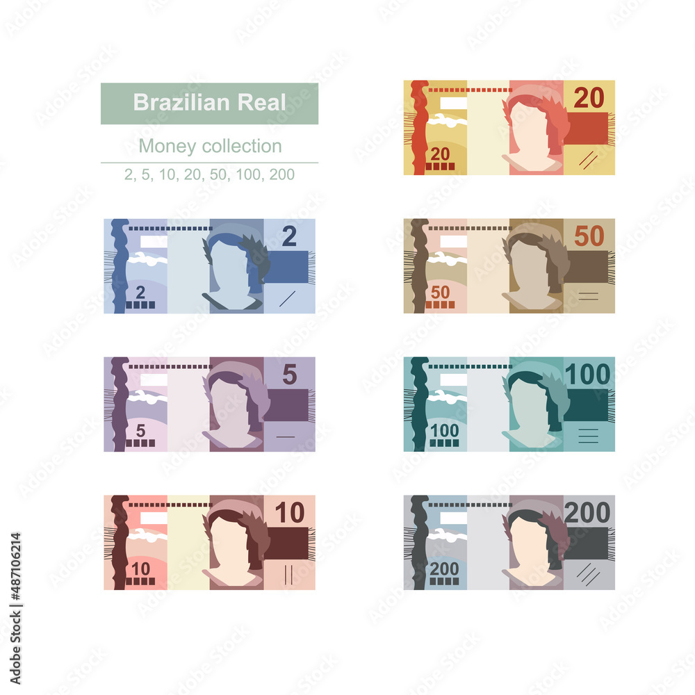 Brazilian Real Vector Illustration. Brazil money set bundle banknotes ...