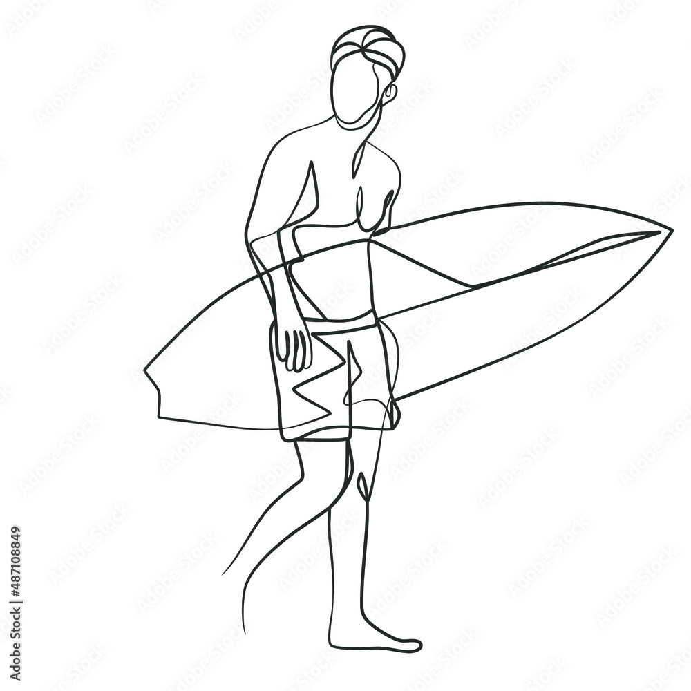 Continuous line drawing of a surfer with a surfboard Stock Vector ...