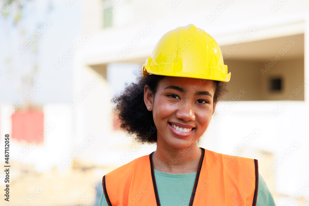 close up face black woman. portrait femal african american engineer ...