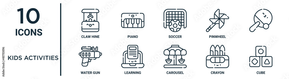 kids activities outline icon set includes thin line claw hine, soccer ...