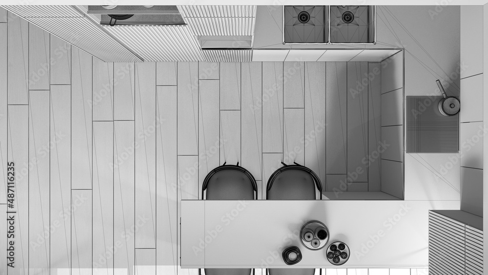 Unfinished project, kitchen in modern apartment, dining table, chairs ...