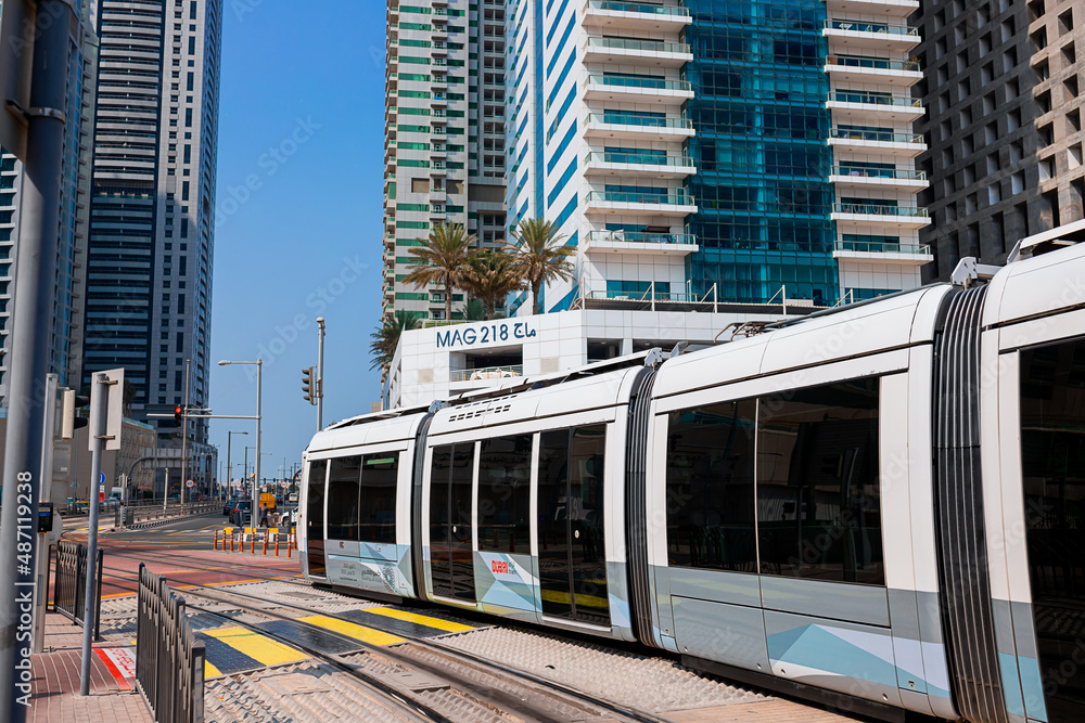 Dubai, UAE - November 06, 2021: Dubai Tram public transport transit ...